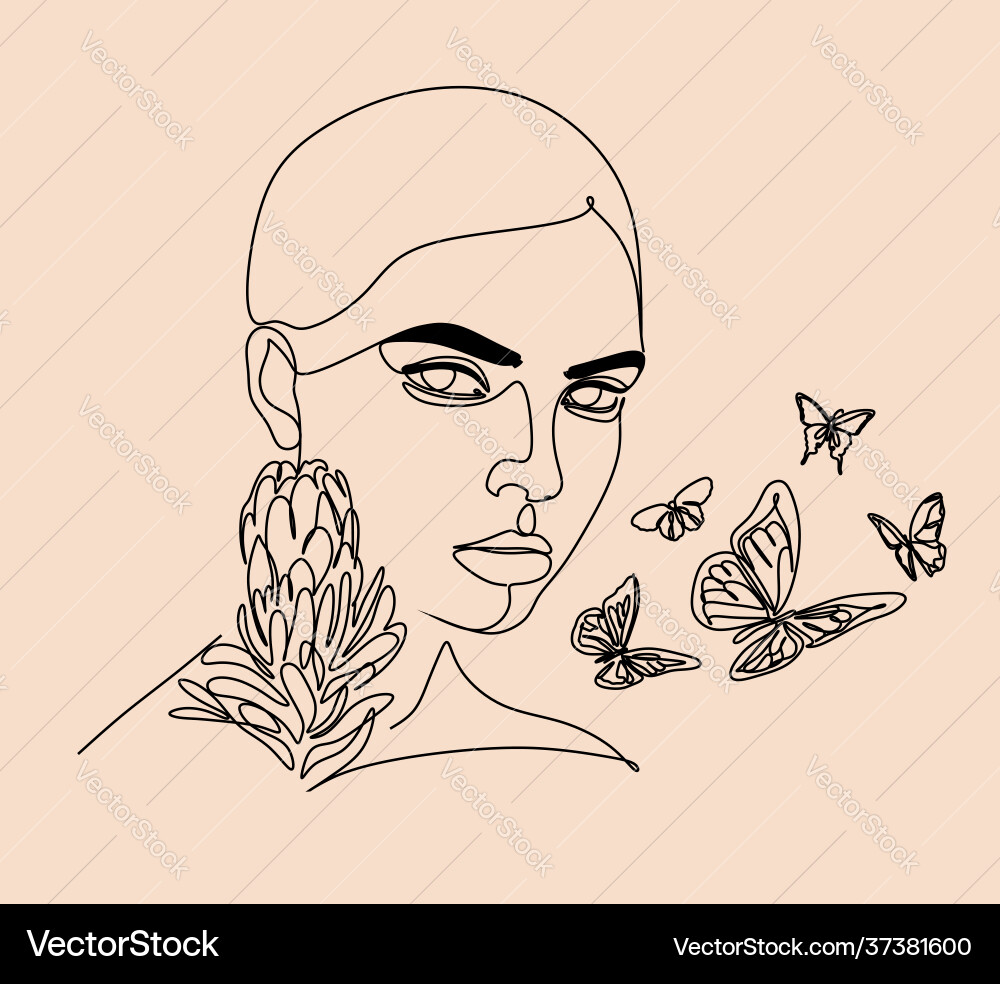 Abstract face with flowers one line drawing Vector Image