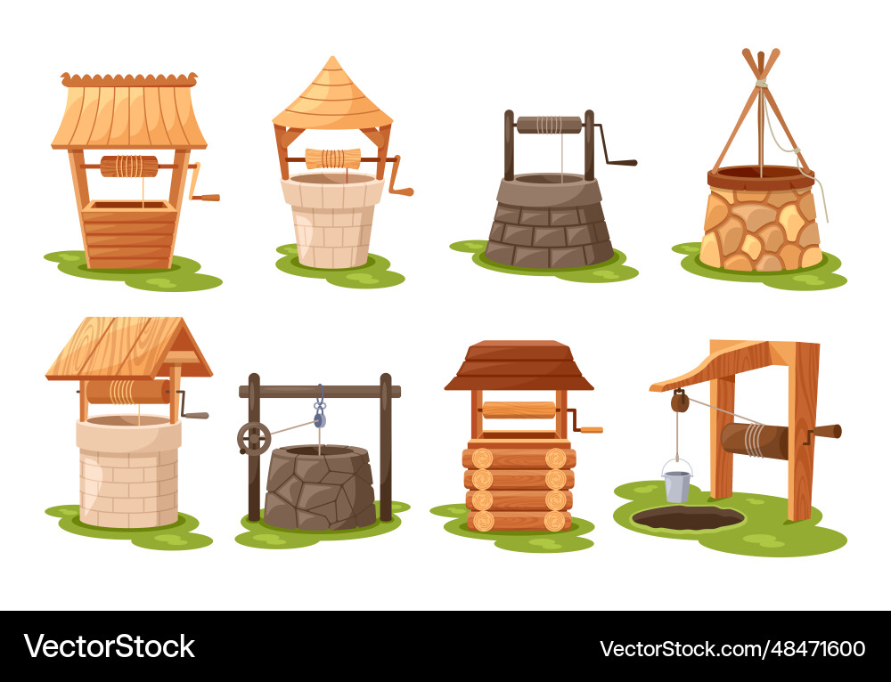 Rustic water wells evoke a charming countryside Vector Image
