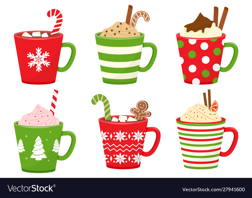 Winter holiday cups with drinks mugs hot Vector Image