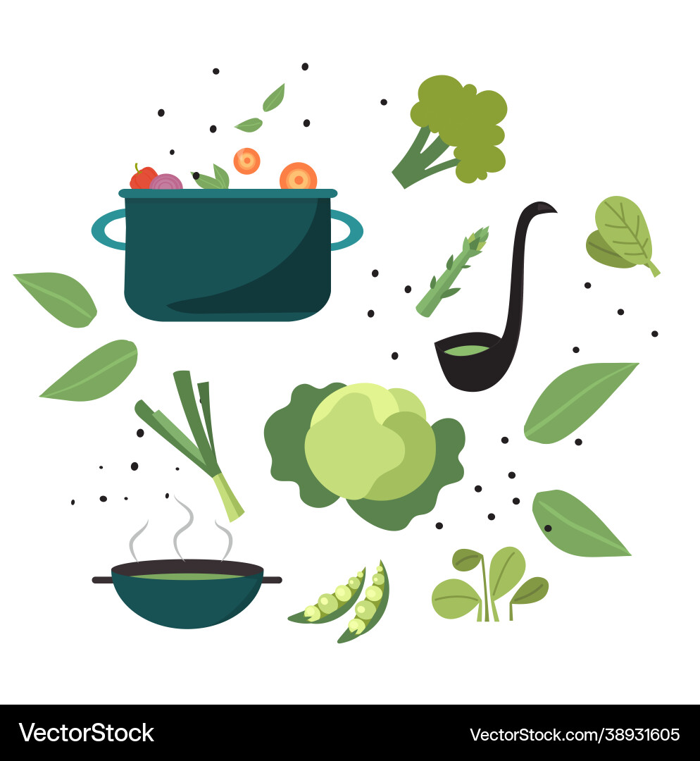 Set vegetable green soup cooking in pot Royalty Free Vector