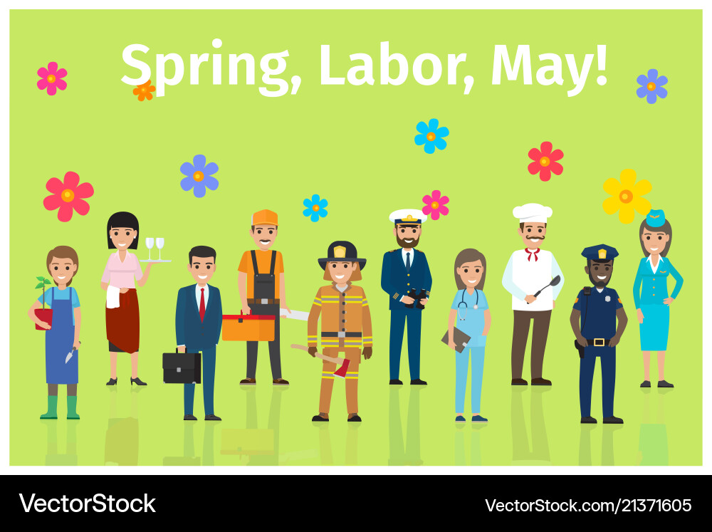 Spring labor may with ten occupations on green Vector Image