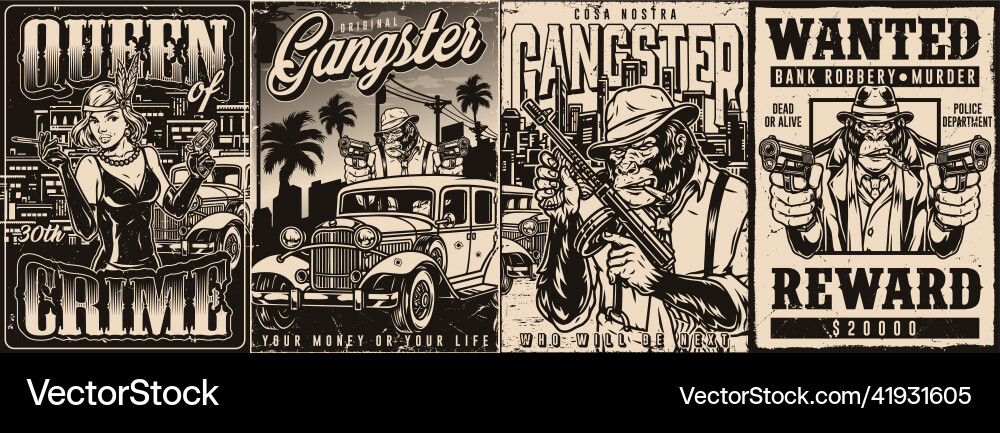 Vintage posters set with gangsters Royalty Free Vector Image