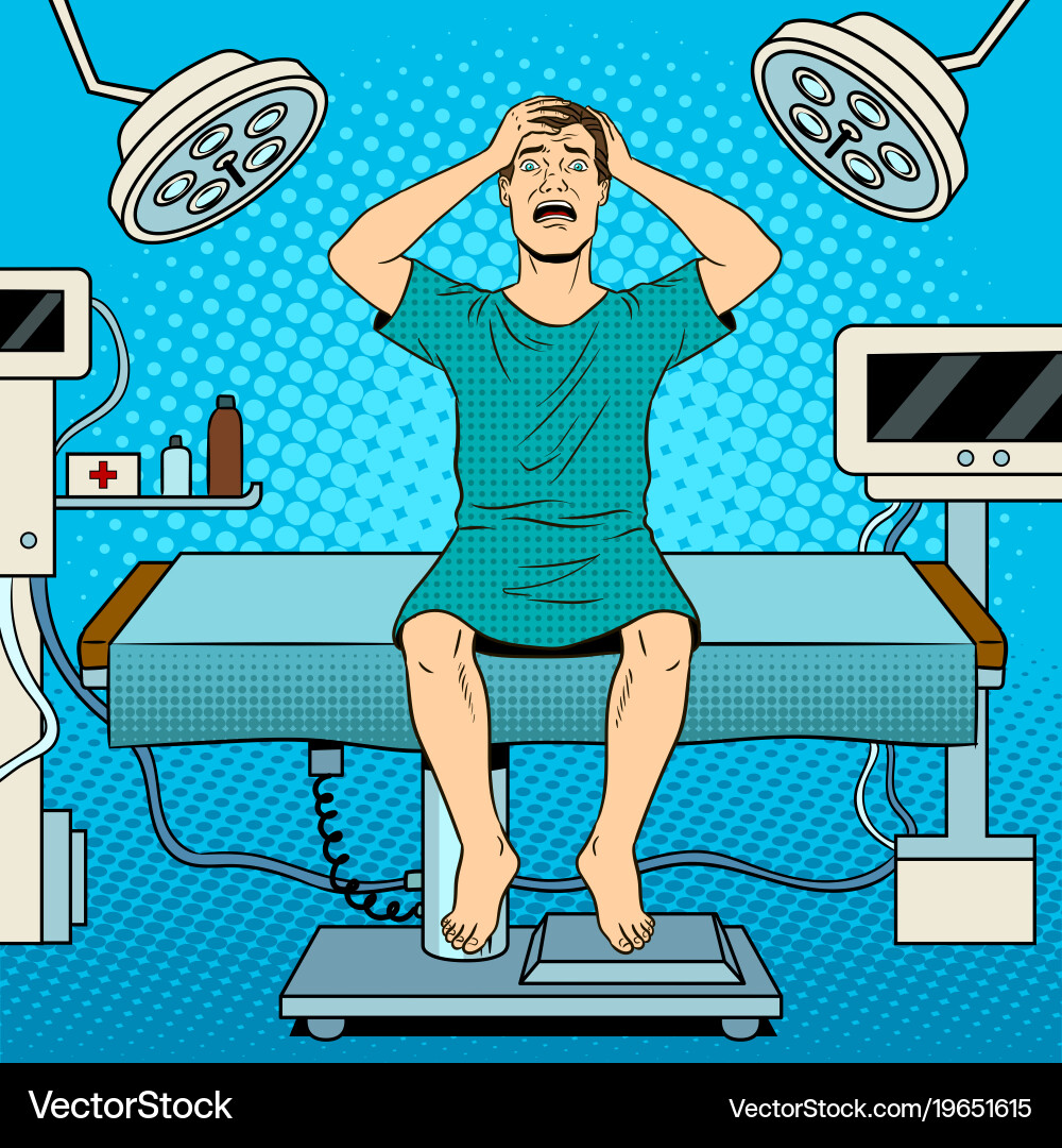 Scared mad patient in operating pop art Royalty Free Vector