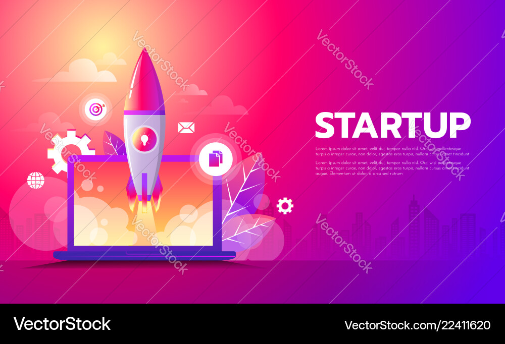 Business startup launching product with rocket Vector Image