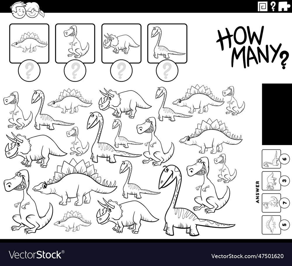 How many cartoon dinosaurs counting game coloring Vector Image