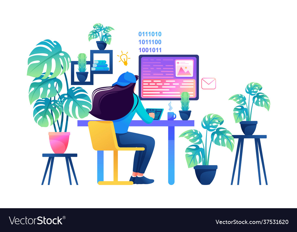 Workplace a programmer a girl at a laptop Vector Image