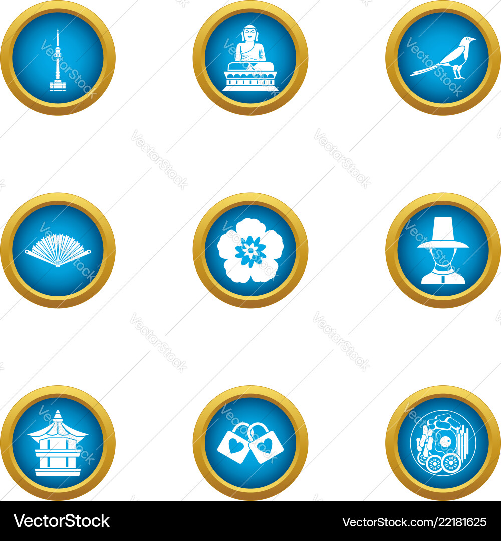 Asian oversight icons set flat style Royalty Free Vector