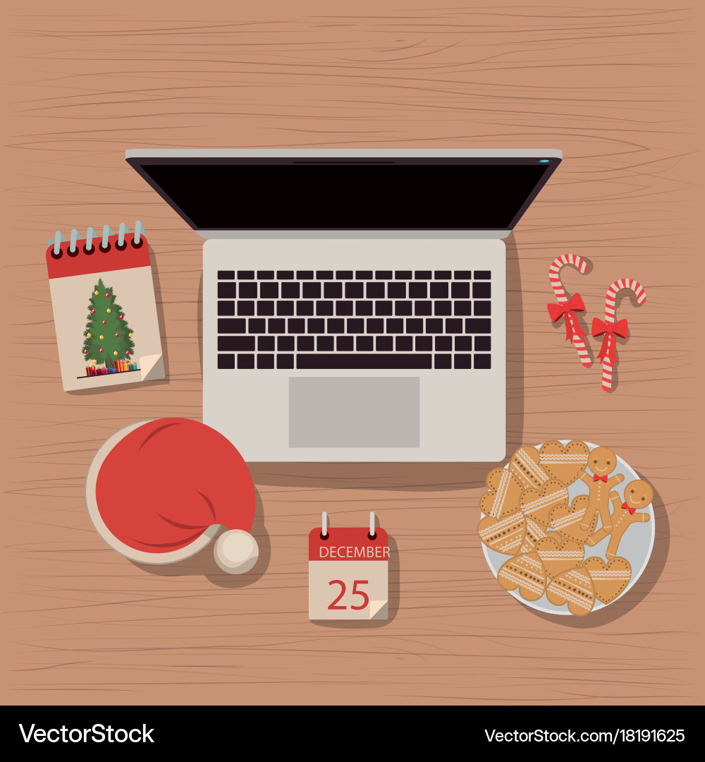 Christmas laptop computer scene in top view Vector Image