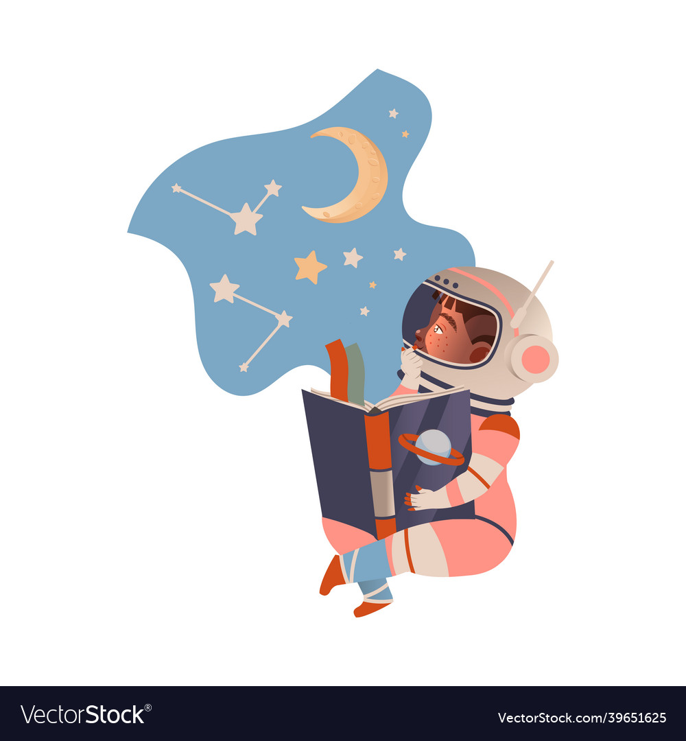 Cute boy astronaut in space suit reading book Vector Image
