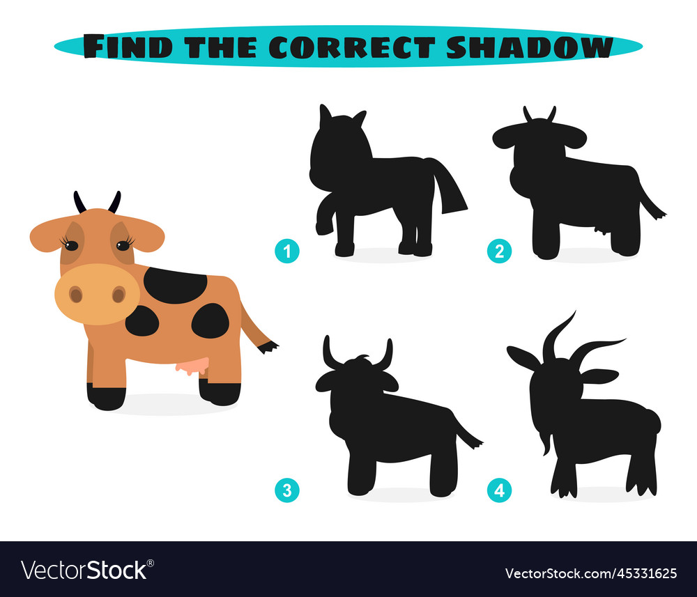 Find correct shadow farm animals education game Vector Image Find correct shadow farm animals education game Vector Image
