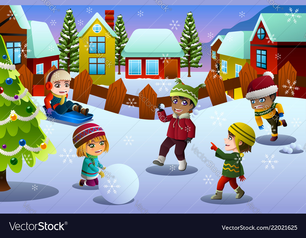 Kids Playing In The Snow During Winter Season Vector Image