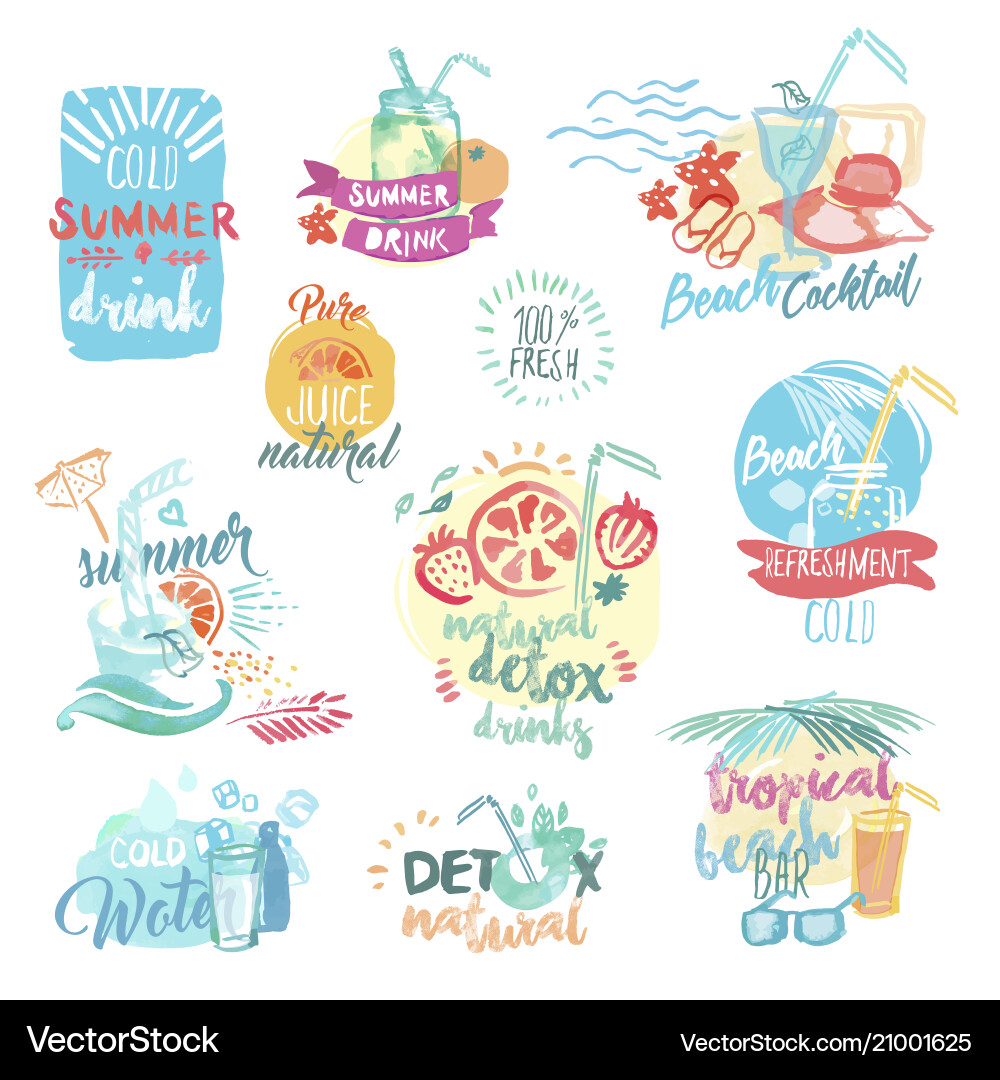 Set fresh fruit juice and drinks signs Royalty Free Vector