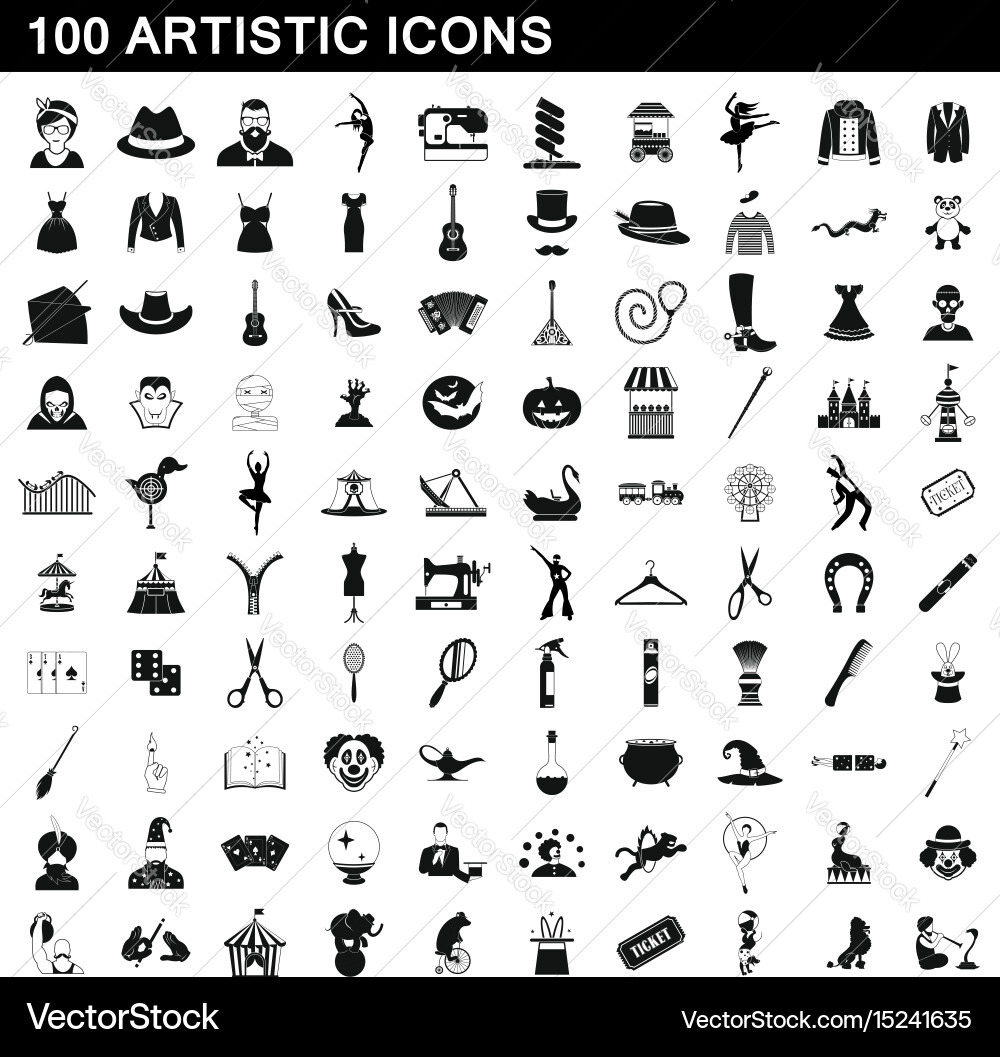 100 artistic icons set simple style Royalty Free Vector