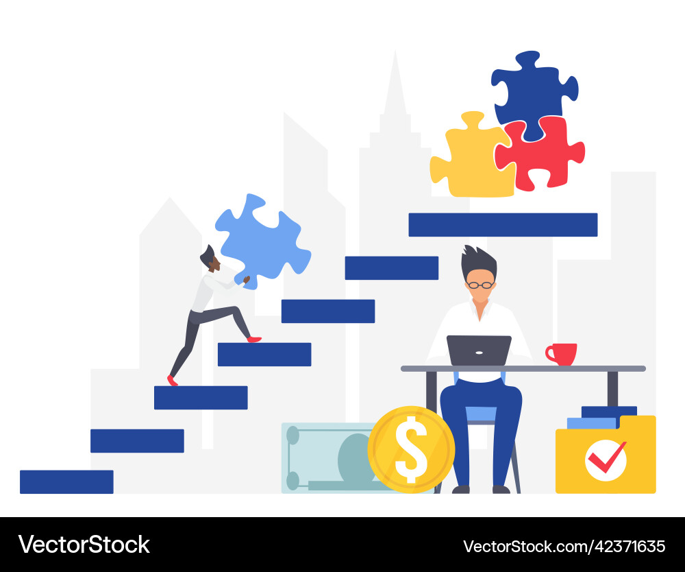 Business growing ladder with puzzle teamwork Vector Image