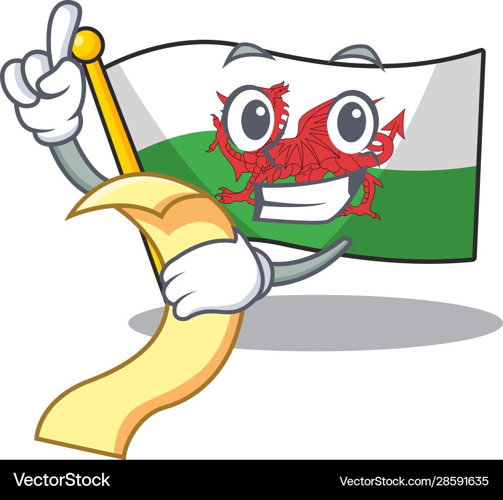Flag wales scroll cartoon character holding menu Vector Image
