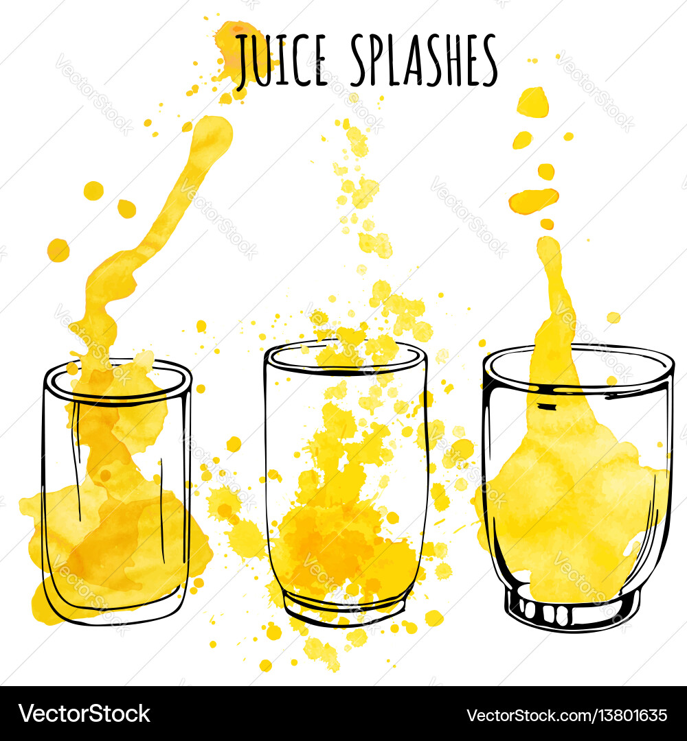 Juice splashes in glasses hand draw Royalty Free Vector