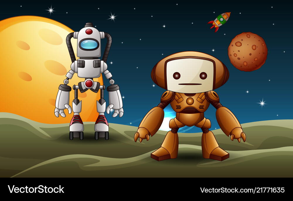 Robot together landed in the moon Royalty Free Vector Image
