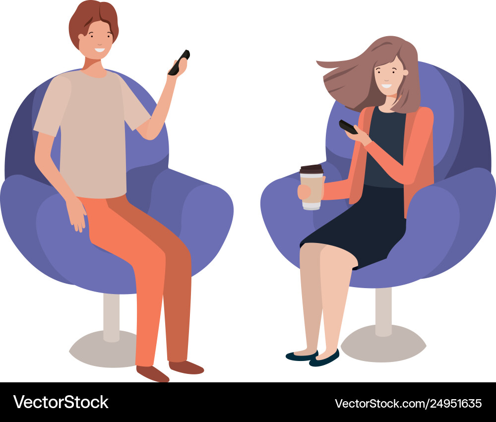 Young couple using smartphone in sofa Royalty Free Vector