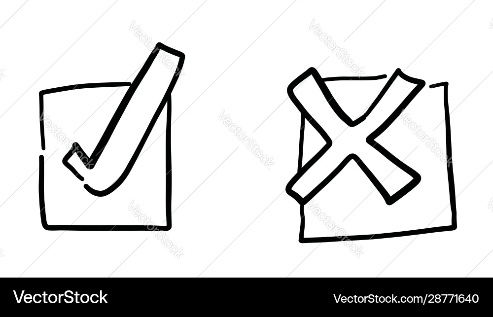 Hand drawn sketch check mark and x mark Royalty Free Vector