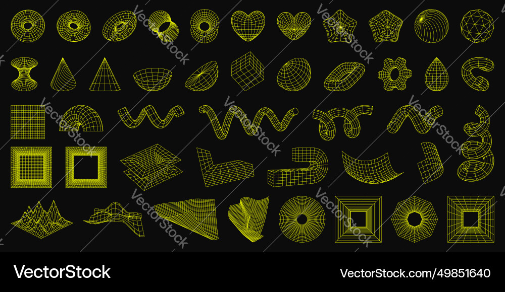 Set of wireframe 3d geometric shapes wire frame Vector Image