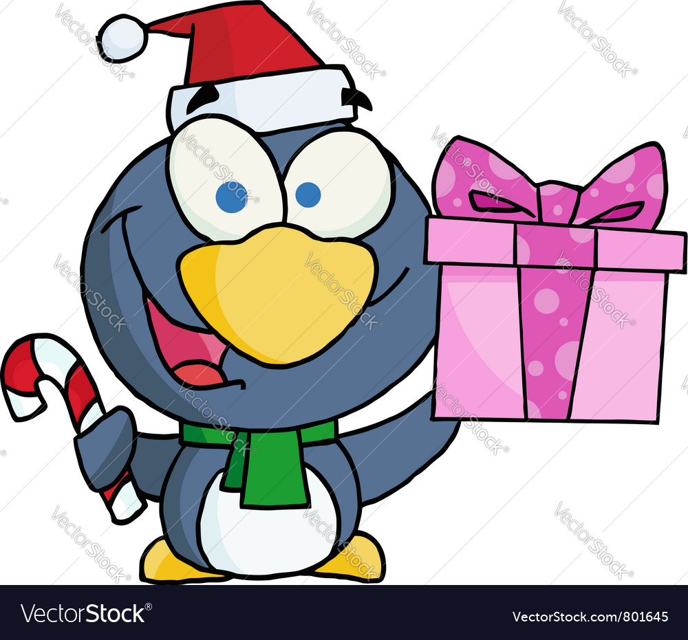 Christmas penguin holding a present and candy cane