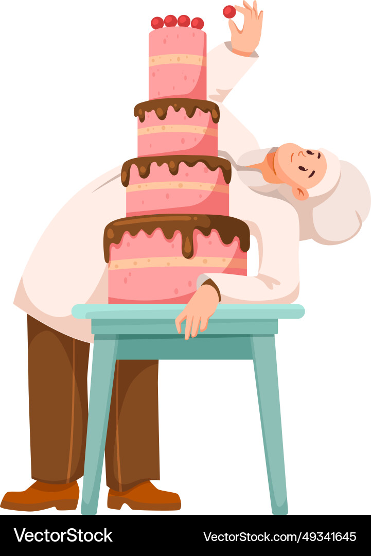 Man chef character in uniform decorate cake Vector Image
