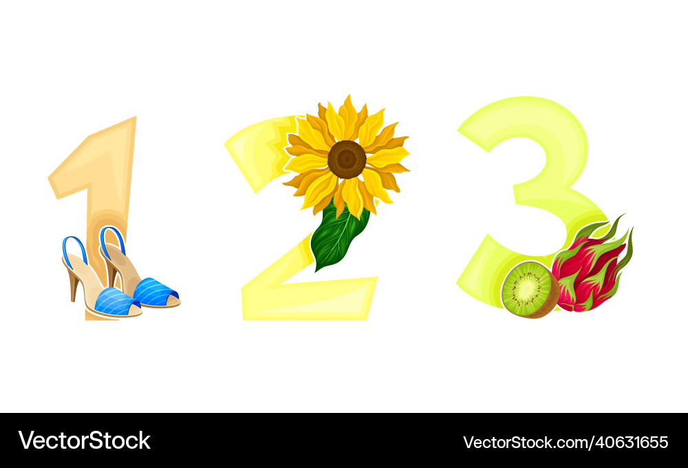 123 bright numbers with exotic fruit sunflower Vector Image