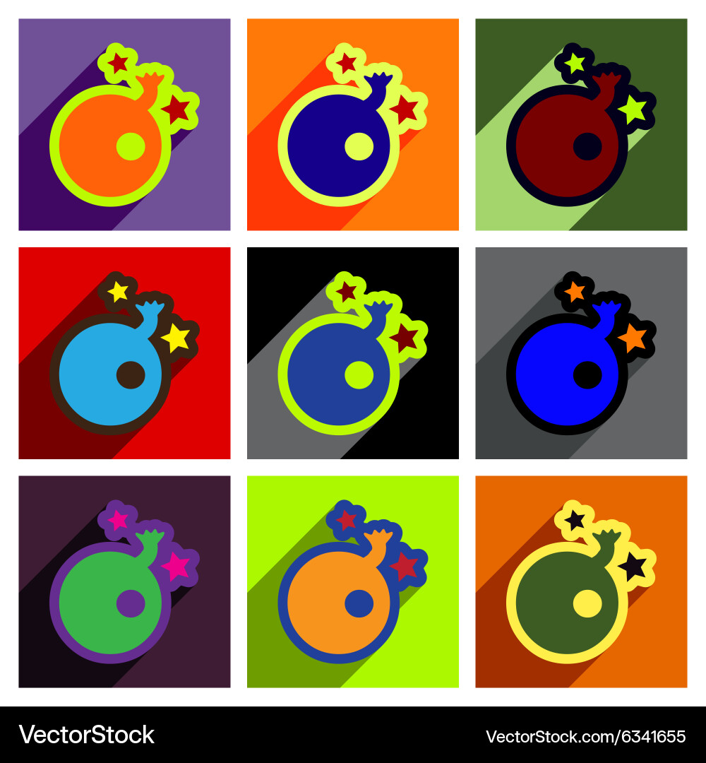 Flat with shadow concept bomb and stars on colored