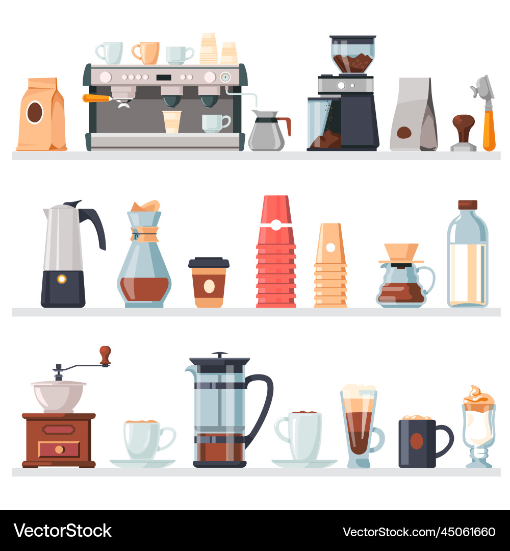 Coffee equipment making hot beverage in cafe Vector Image