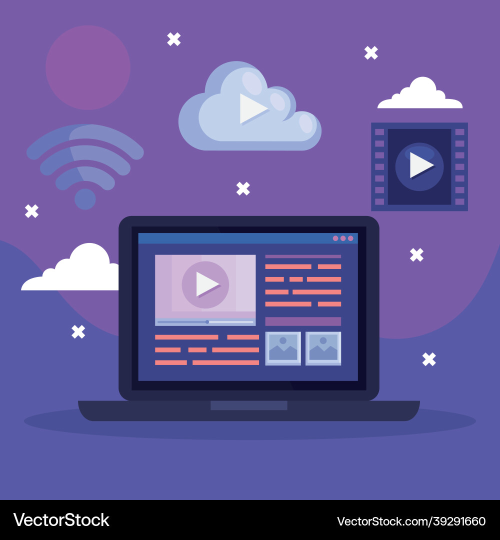 Laptop with multimedia content icons Royalty Free Vector