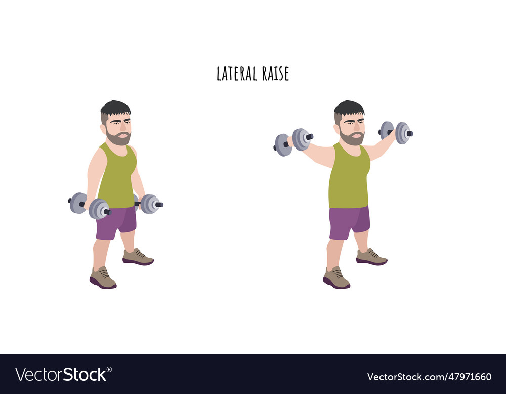 Undersized man doing lateral raise exercise Vector Image