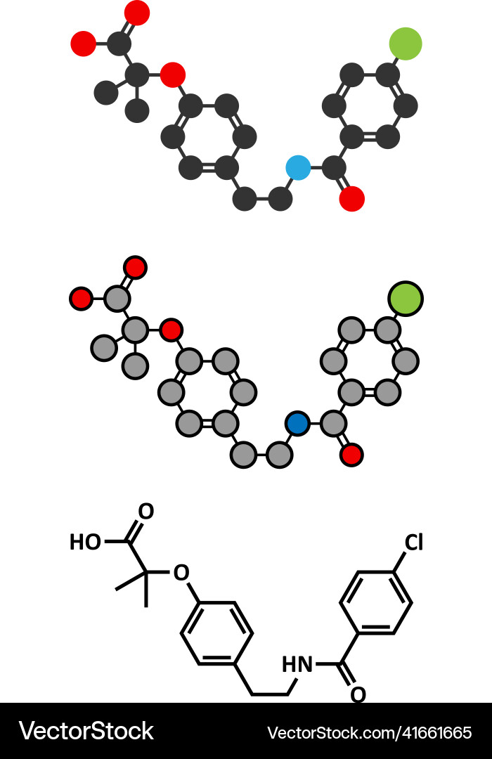 Bezafibrate hyperlipidemia drug molecule fibrate Vector Image
