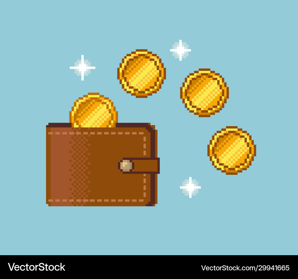 Pixel wallet and gold coins icon on blue Vector Image
