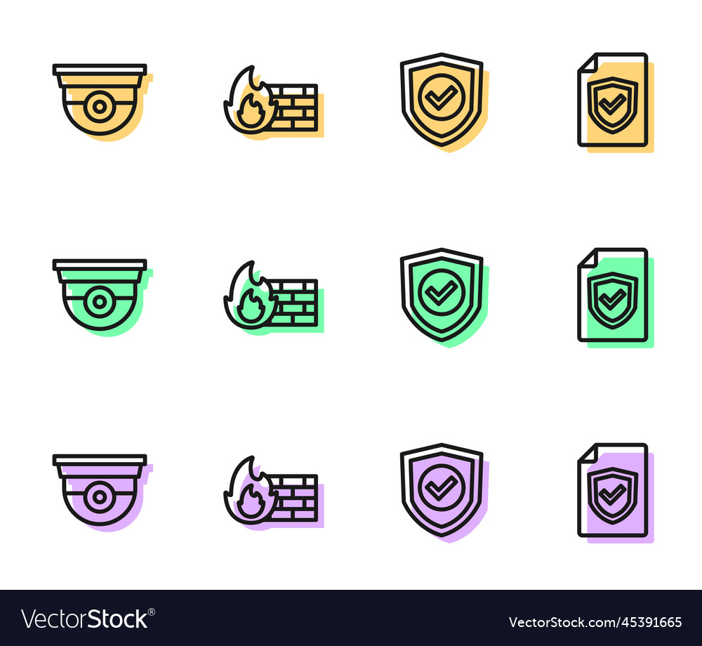 Set Line Shield With Check Mark Security Camera Vector Image