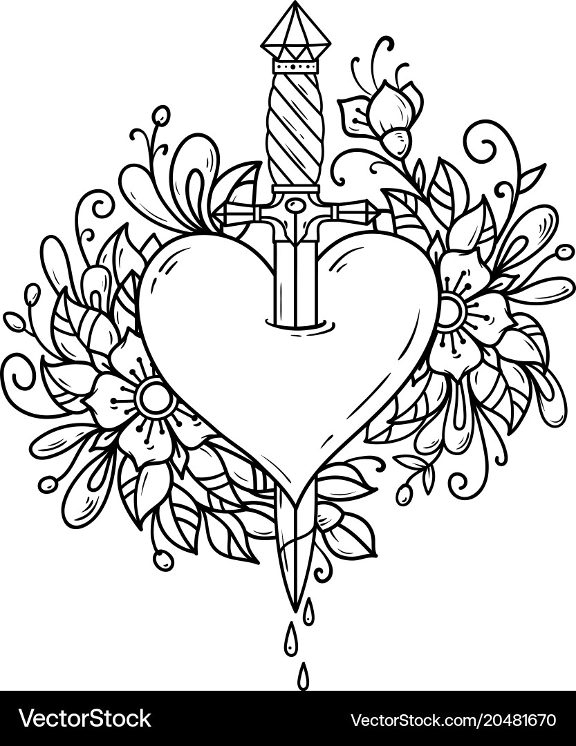 Heart decorated with flowers pierced dagger Vector Image