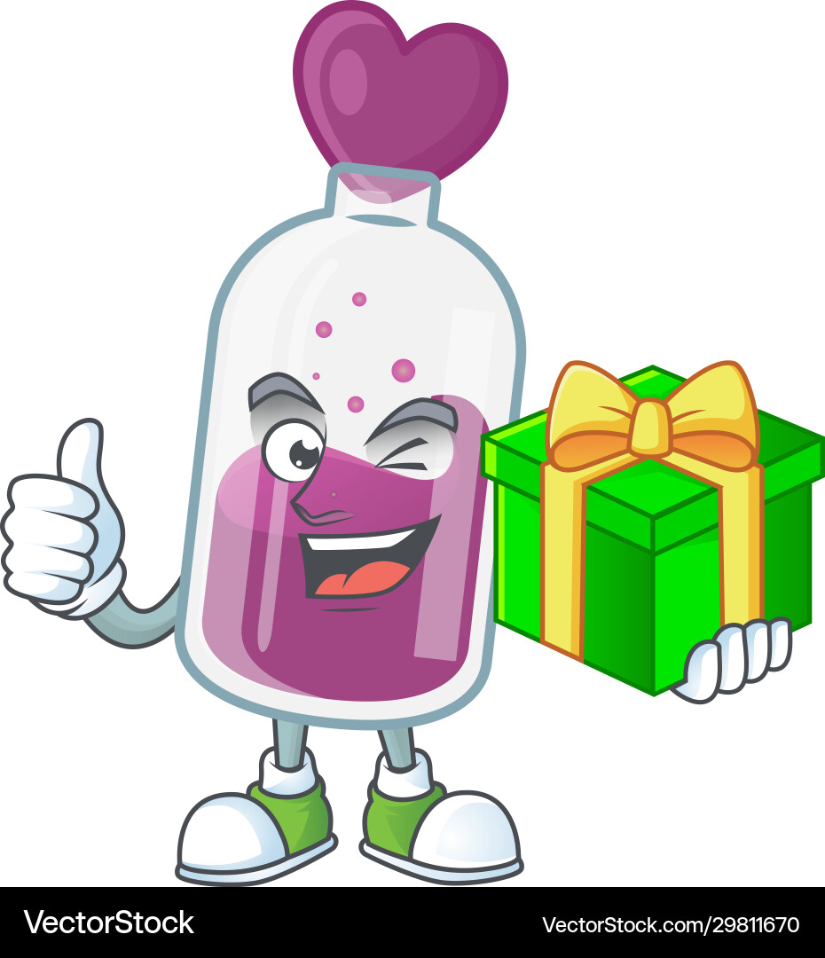 Smiley purple potion character with gift box Vector Image