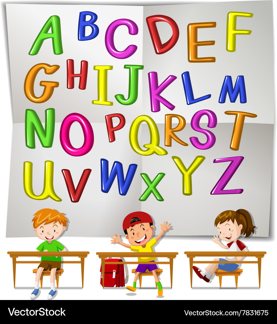 English alphabets and children in class Royalty Free Vector