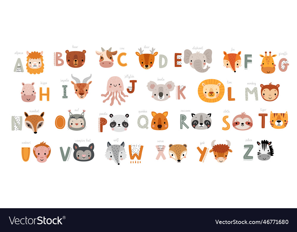 Cute animals alphabet for kids education funny Vector Image