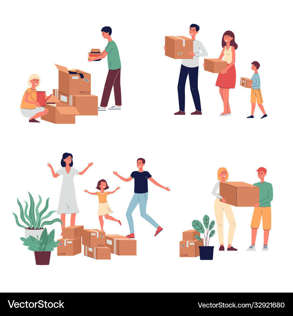 Family moving set with people packing things flat Vector Image