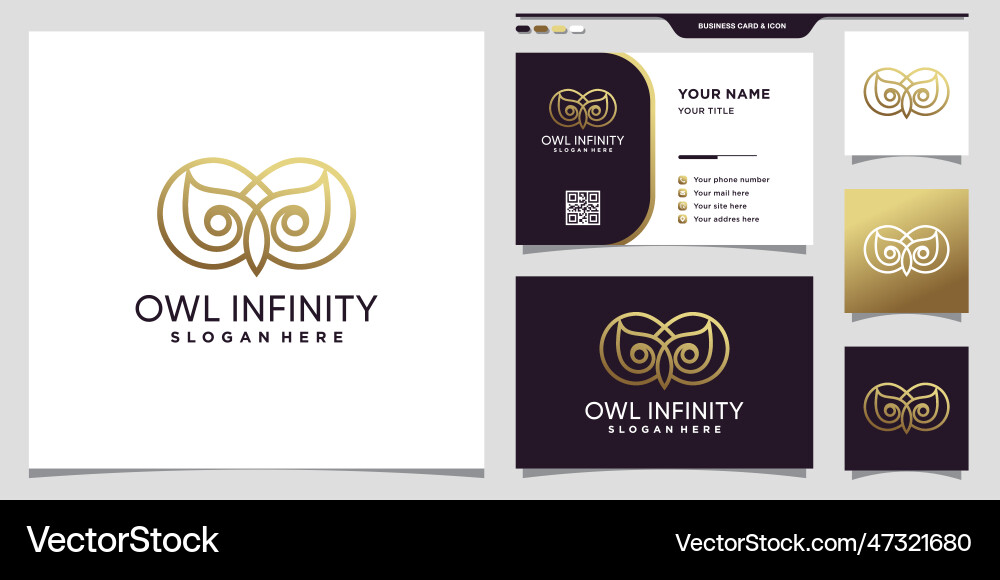 Owl and infinity logo with golden linear style Vector Image