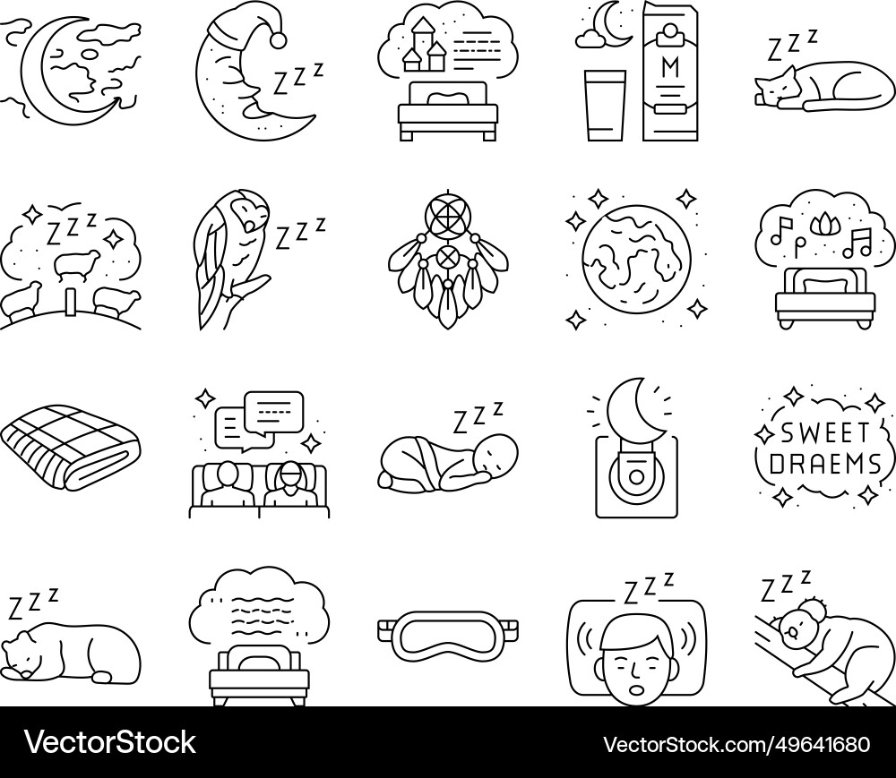 Sleep bed pillow dream night icons set Royalty Free Vector