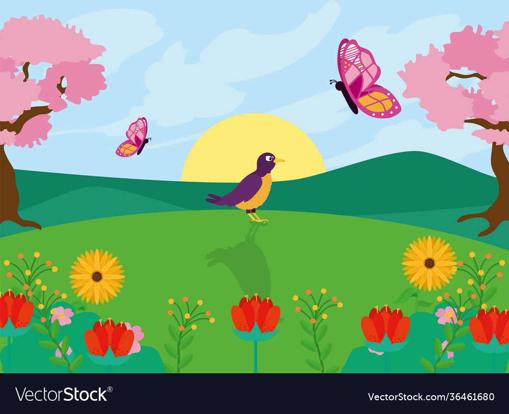 Spring landscape with bird butterflies flowers Vector Image