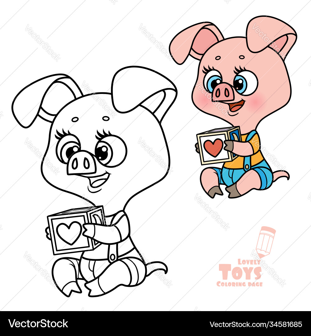 Cute cartoon soft toy pig holding a cube Vector Image