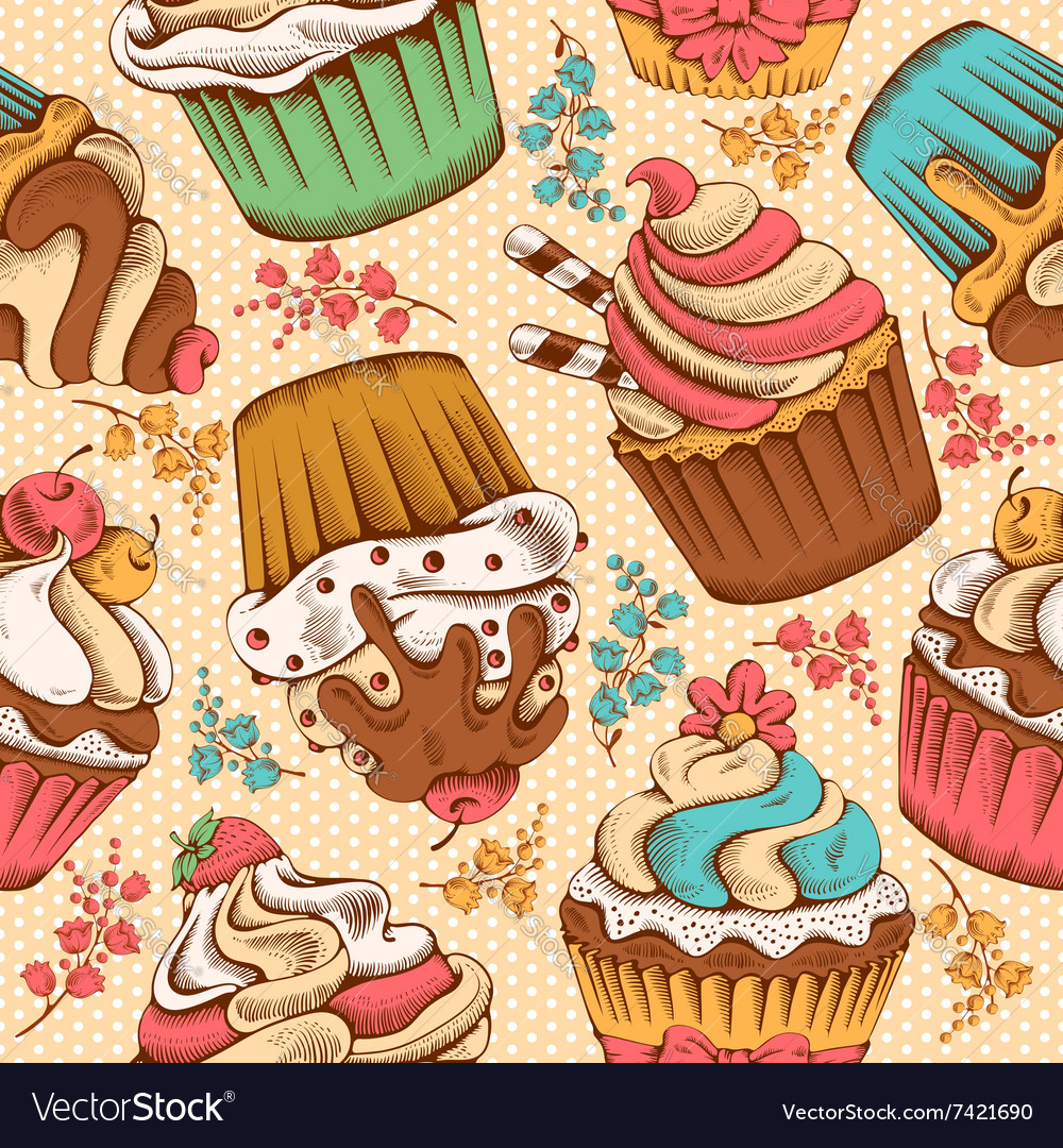 Cupcakes seamless pattern Royalty Free Vector Image