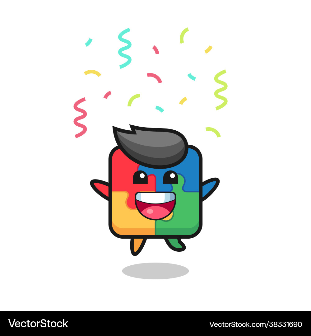 Happy puzzle mascot jumping for congratulation Vector Image
