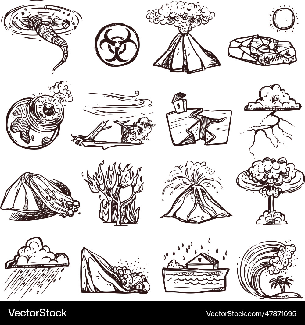 Natural disaster sketch icon set Royalty Free Vector Image