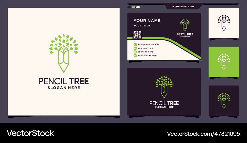 Pencil and tree logo with line art style Vector Image
