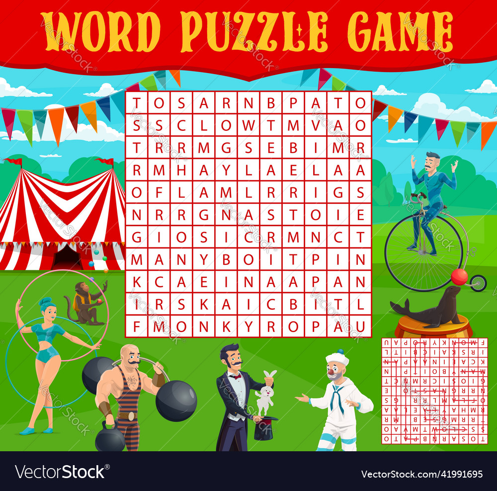 Word search puzzle game with circus performers Vector Image