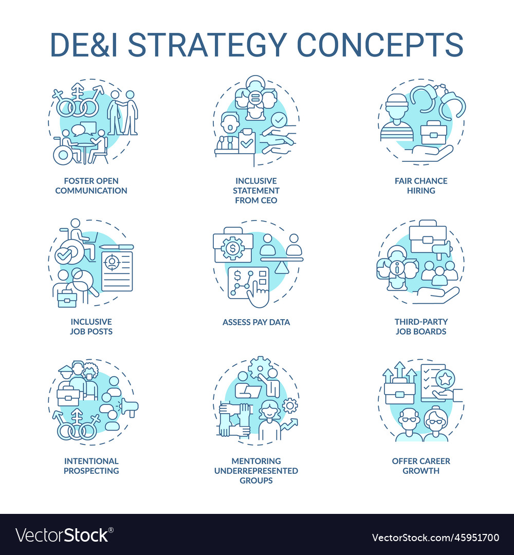 Dei strategy in workplace turquoise concept icons Vector Image