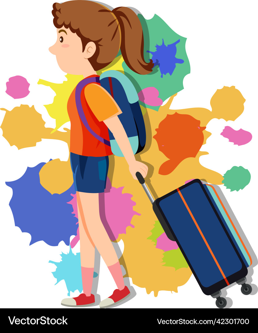 Girl pulling luggage on colorful background Vector Image